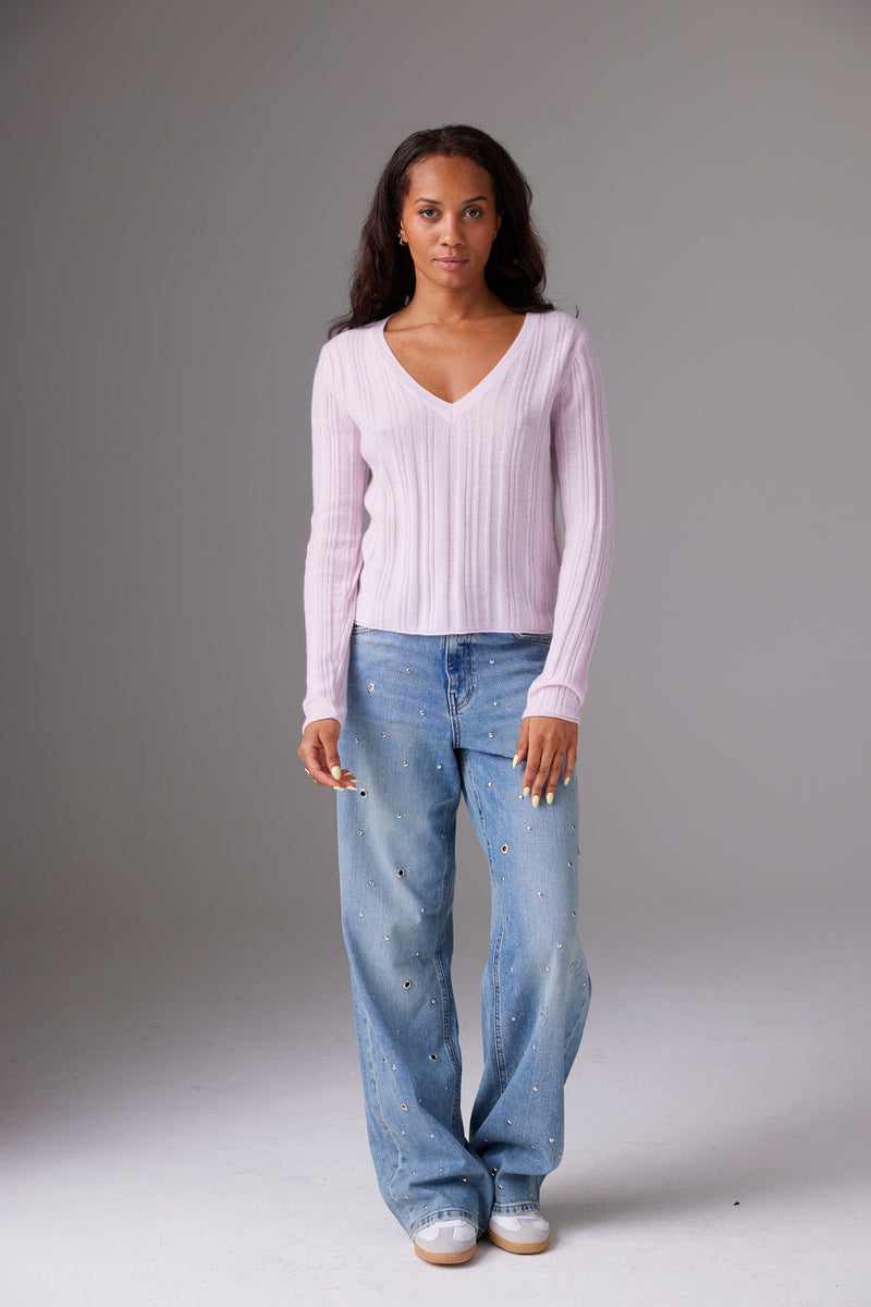 Robertson Madison 100% Cashmere Nadia Ribbed V-Neck Sweater SS25-C-015