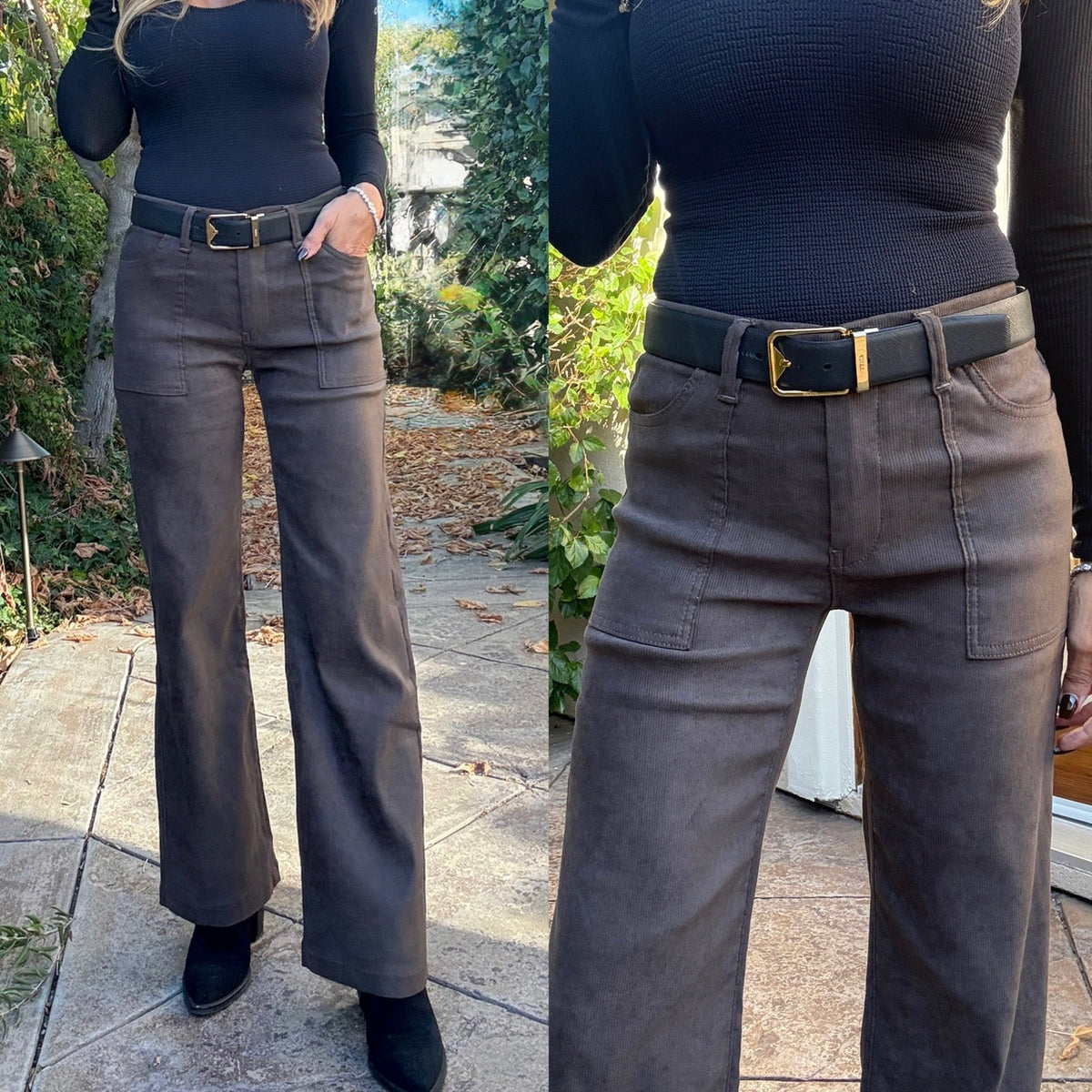 Bevy Flog Romi Flare Leg Pants | Brown Velvet Suede | Offered Online O ...